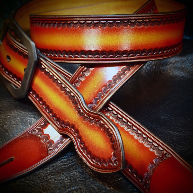 Red Leather Guitar Strap Cherry Sunburst Fade Hand Tooled Etsy