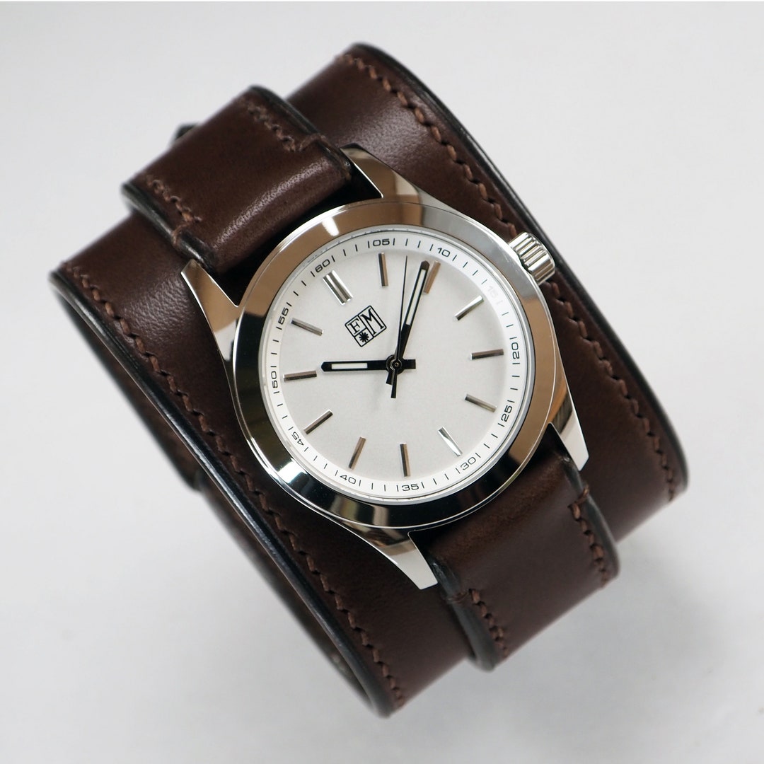 Rich Leather Cuff Watch, Tuscan Leather, Vegetable Tanned, Bright Face ...