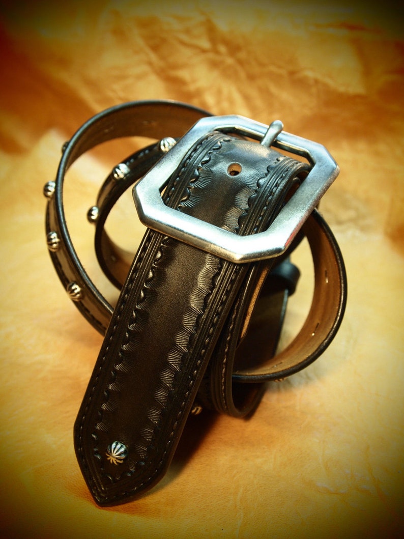 Black Leather Studded Belt and Wallet Chain : Hand Tooled - Etsy