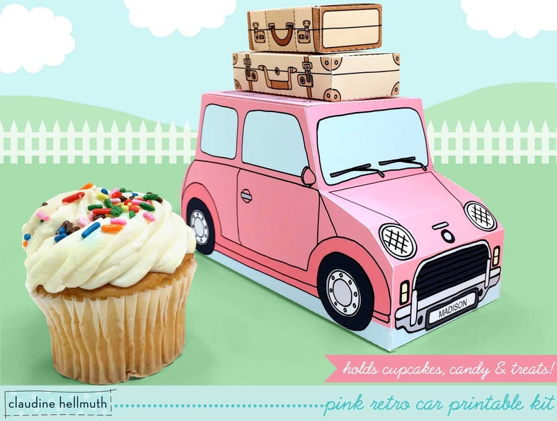 Pink Retro Car - Cupcake Box Holds Cookies and Treats, Gift and Favor ...