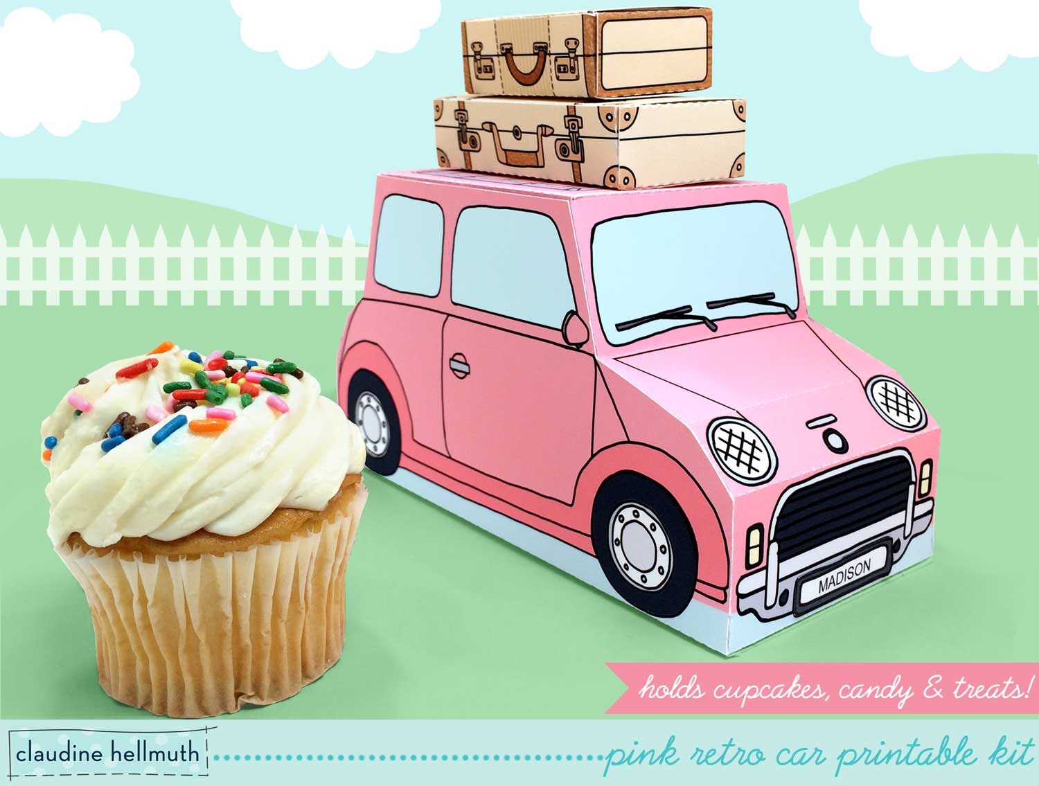 Pink Retro Car - Cupcake Box Holds Cookies and Treats, Gift and Favor ...