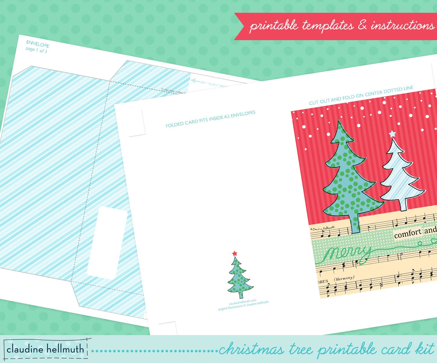 Christmas Card Printable Kit - Whimsical Christmas Trees Greeting Card ...