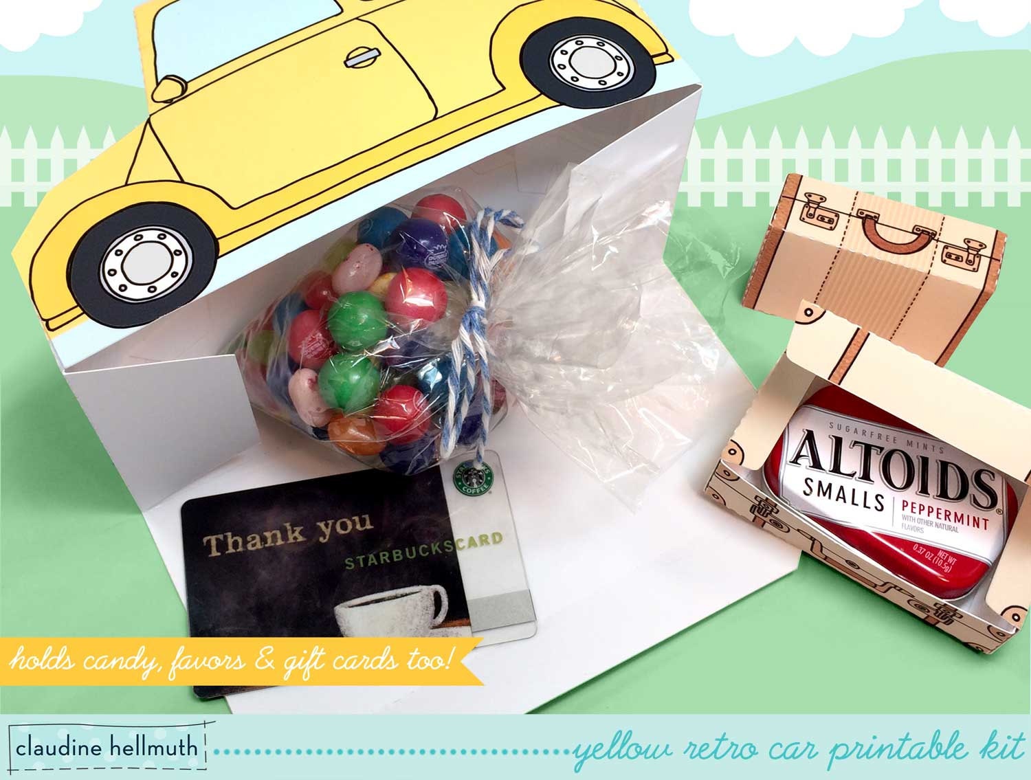 Yellow Retro Car - Cupcake Box Holds Cookies and Treats, Gift and Favor ...
