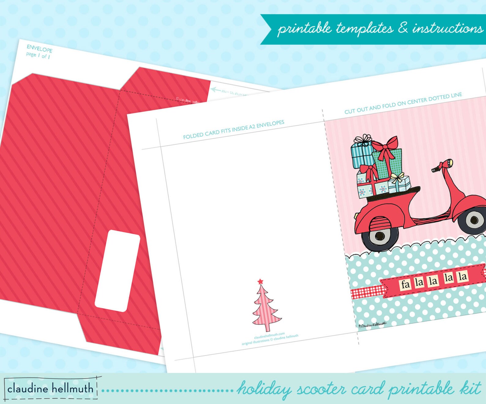 Christmas Card Printable Kit - Red Retro Scooter Holiday Greeting Card ...