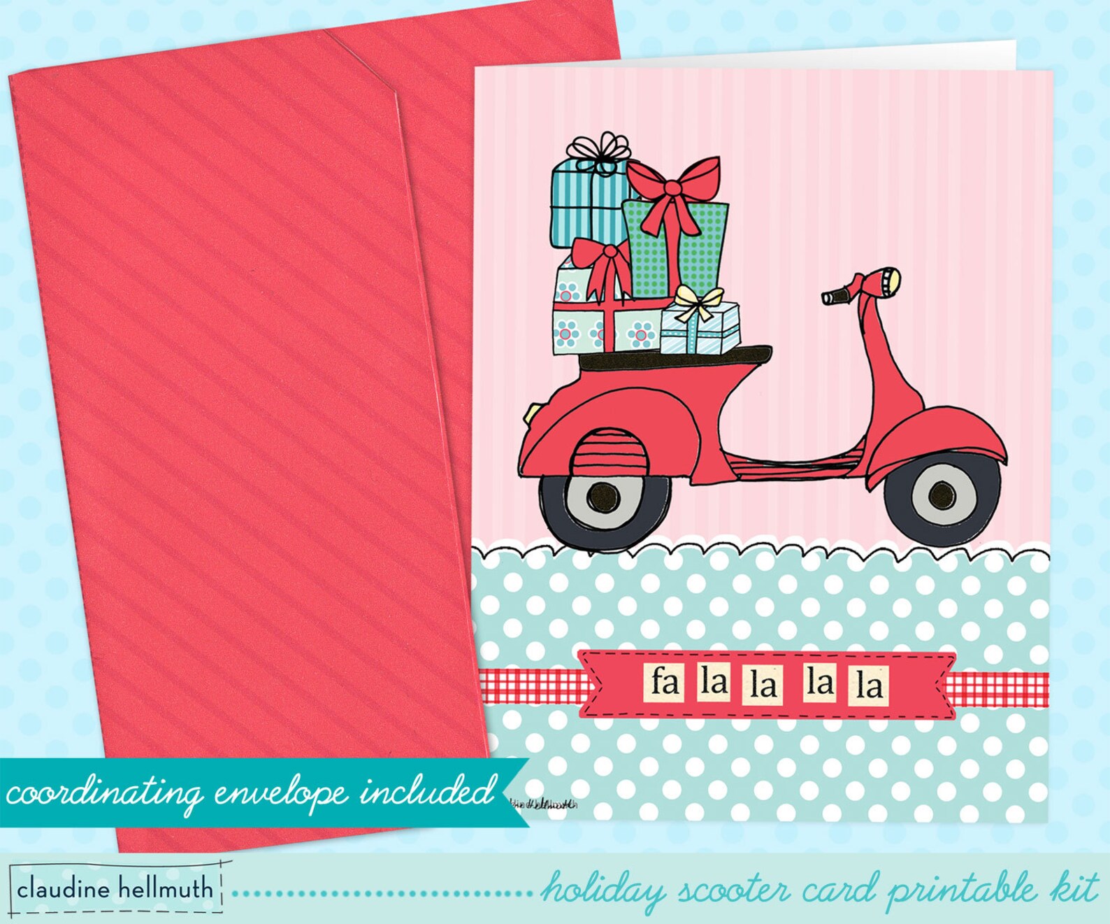 Christmas Card Printable Kit - Red Retro Scooter Holiday Greeting Card ...