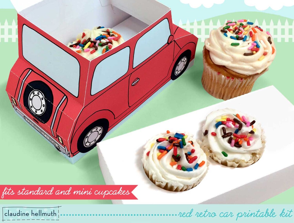 Red Retro Car - Cupcake Box Holds Cookies and Treats, Gift and Favor ...