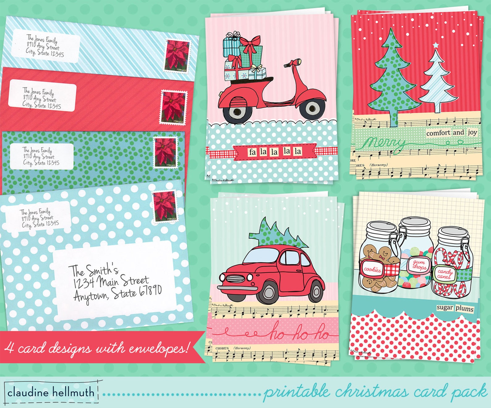 Christmas Card SET OF 4 Designs Printable Kit Holiday - Etsy