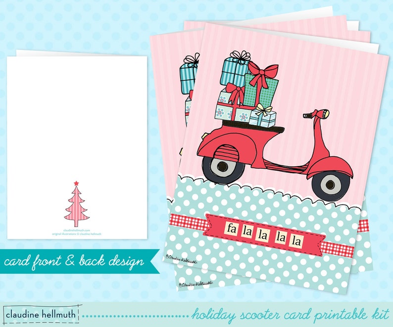 Christmas Card Printable Kit Red Retro Scooter Holiday | Etsy
