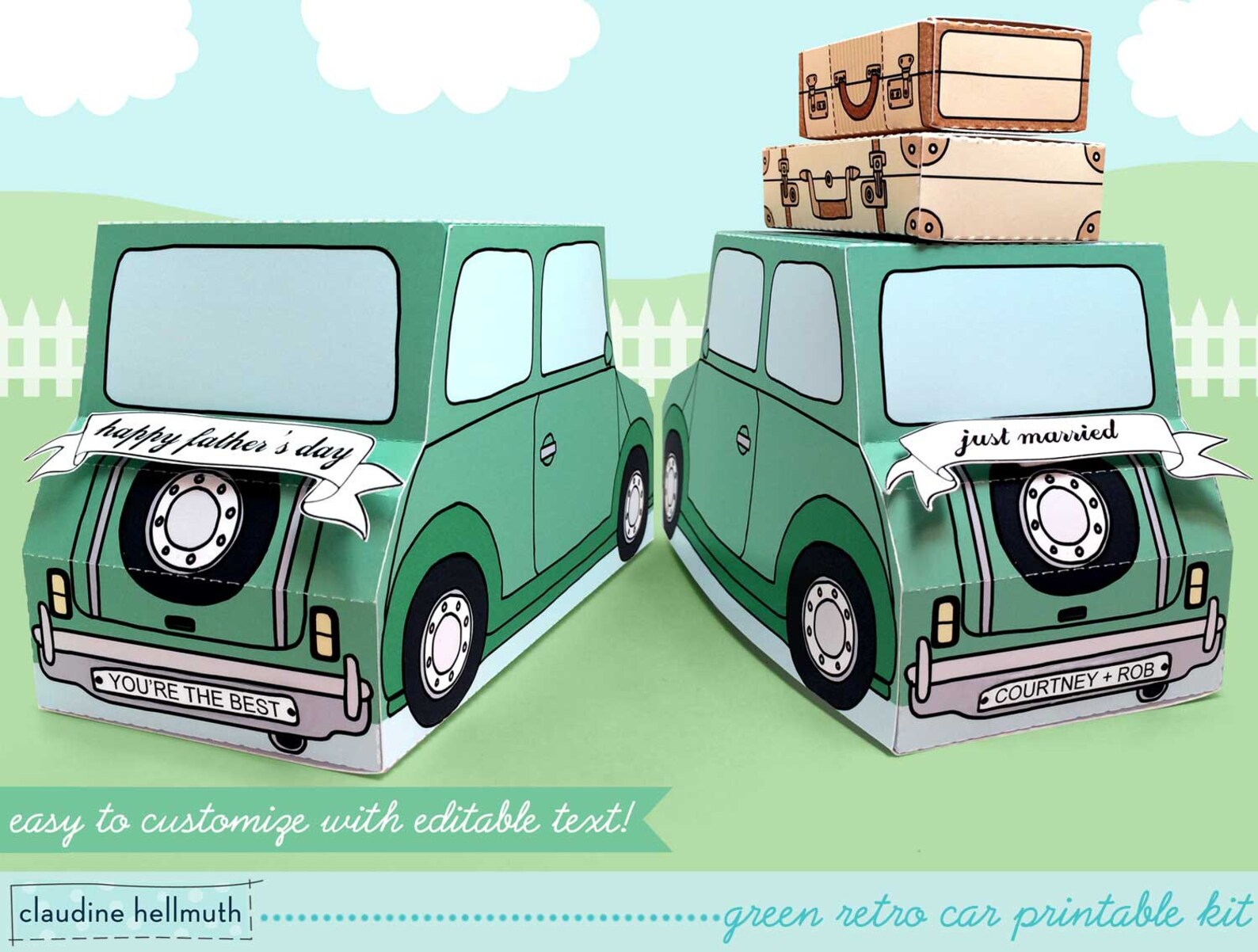 Green Retro Car - Cupcake Box Holds Cookies and Treats, Gift and Favor ...