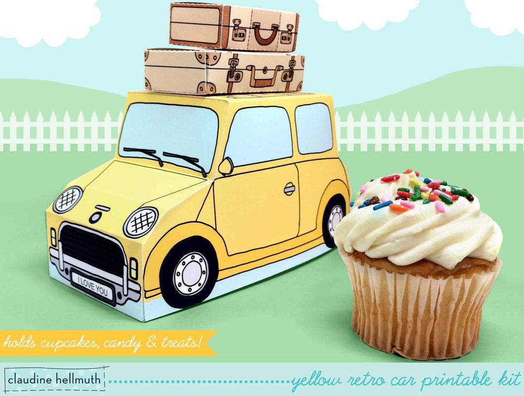 Yellow Retro Car - Cupcake Box Holds Cookies and Treats, Gift and Favor ...