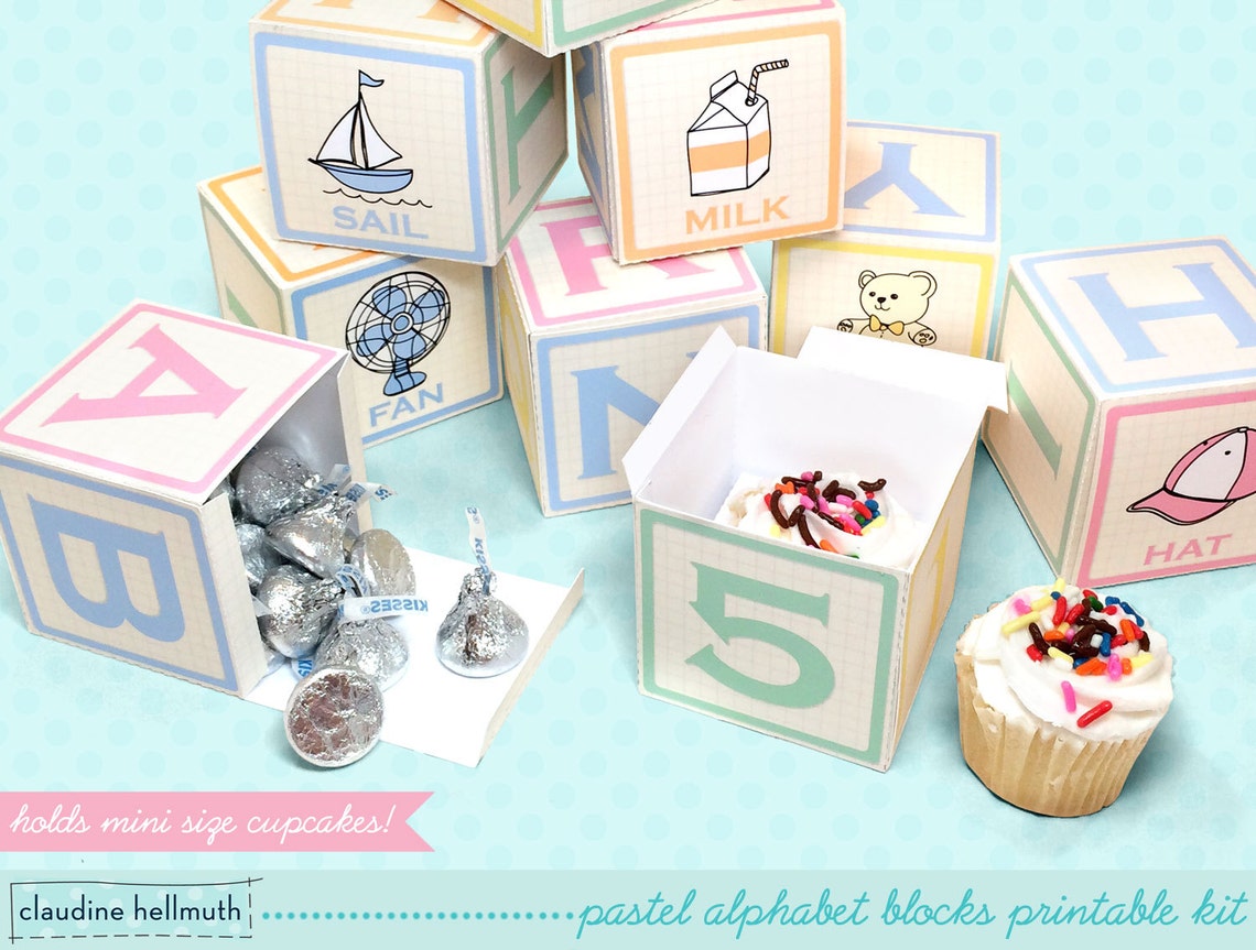 Pastel Alphabet Blocks Mini Cupcake Favor Boxes - Baby Shower, Back to ...