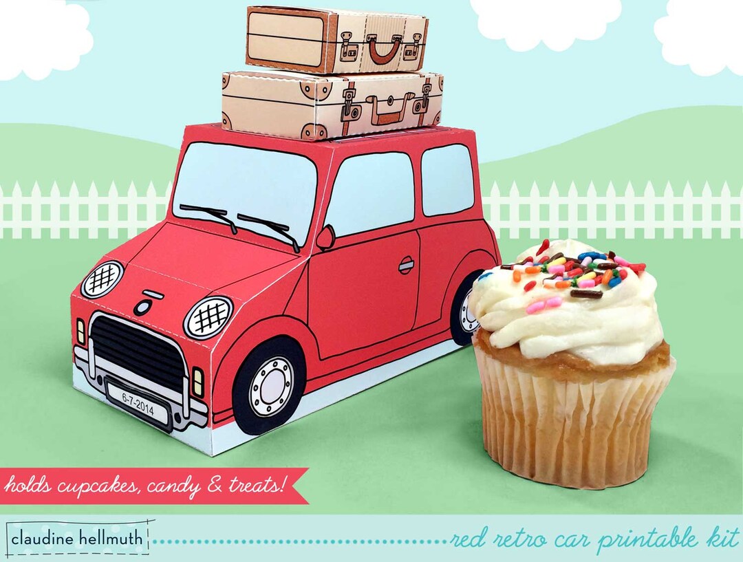 Red Retro Car - Cupcake Box Holds Cookies and Treats, Gift and Favor ...