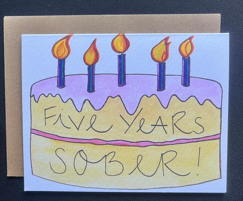 5 Years Sober Birthday Cake Greeting Card, Soberversary Card, Sobriety ...