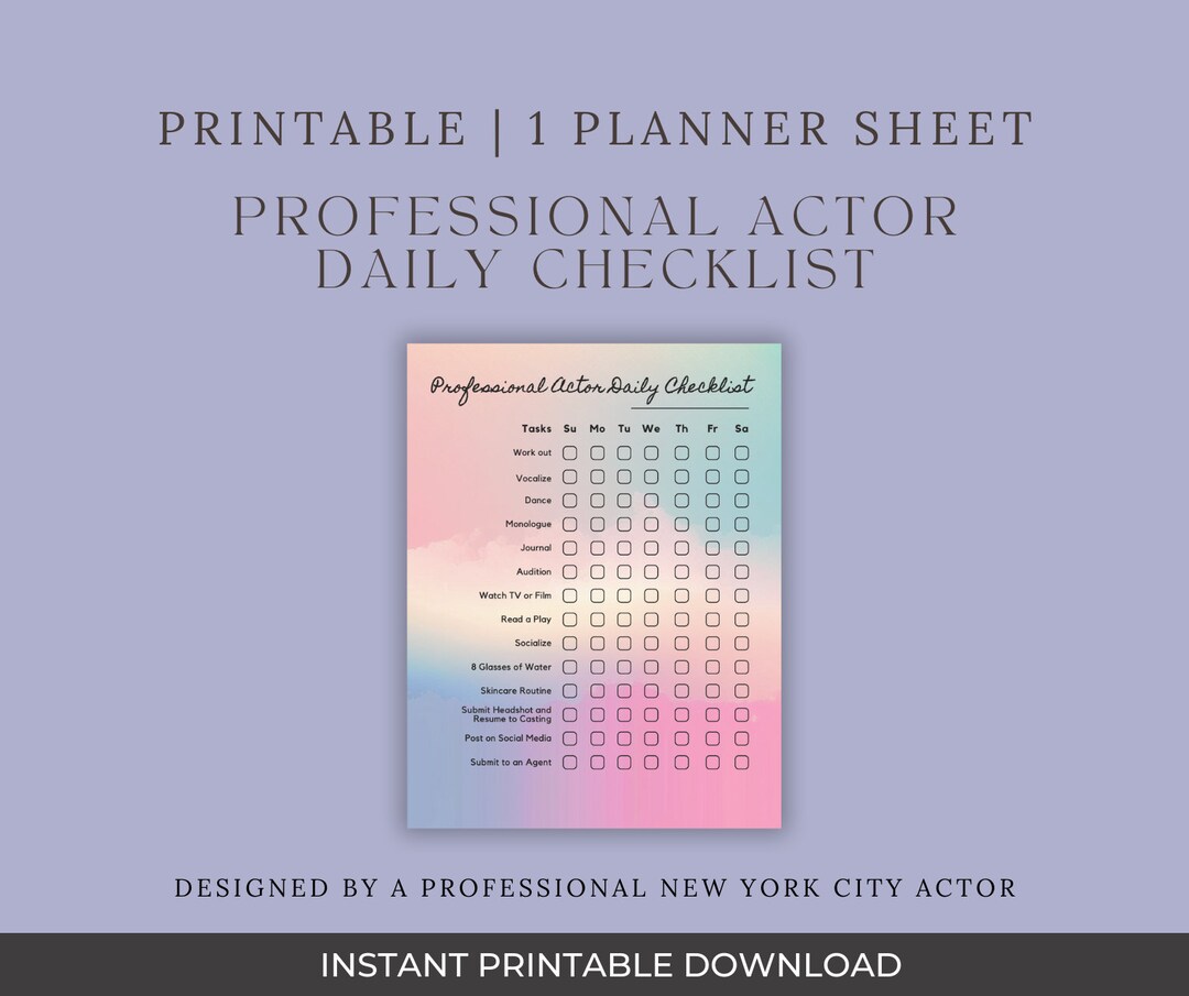 Professional Actor Daily Checklist, Printable Download, Designed by a ...