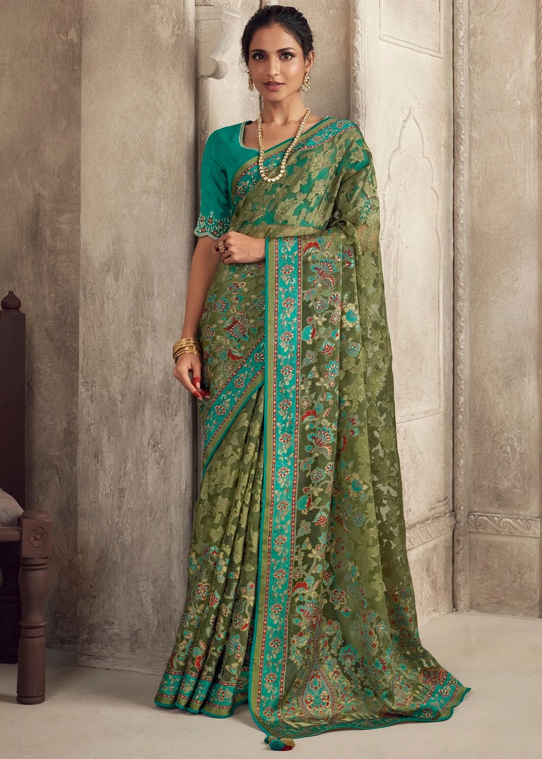 Floral Green Saree - Brasso Organza Saree With Embroidered Georgette ...