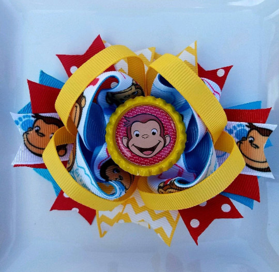 Curious George Red Turquoise White Yellow Bottle Cap Hair Bow 5" - Etsy