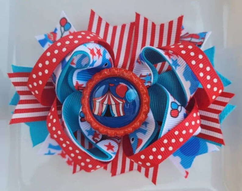 Circus Tent Turquoise Red White Blue Bottle Cap Hair Bow 5 - Etsy