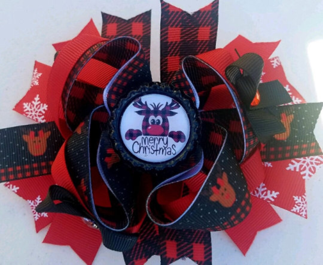 Red Nosed Reindeer Merry Christmas Red Black White Bottle Cap Hair Bow ...