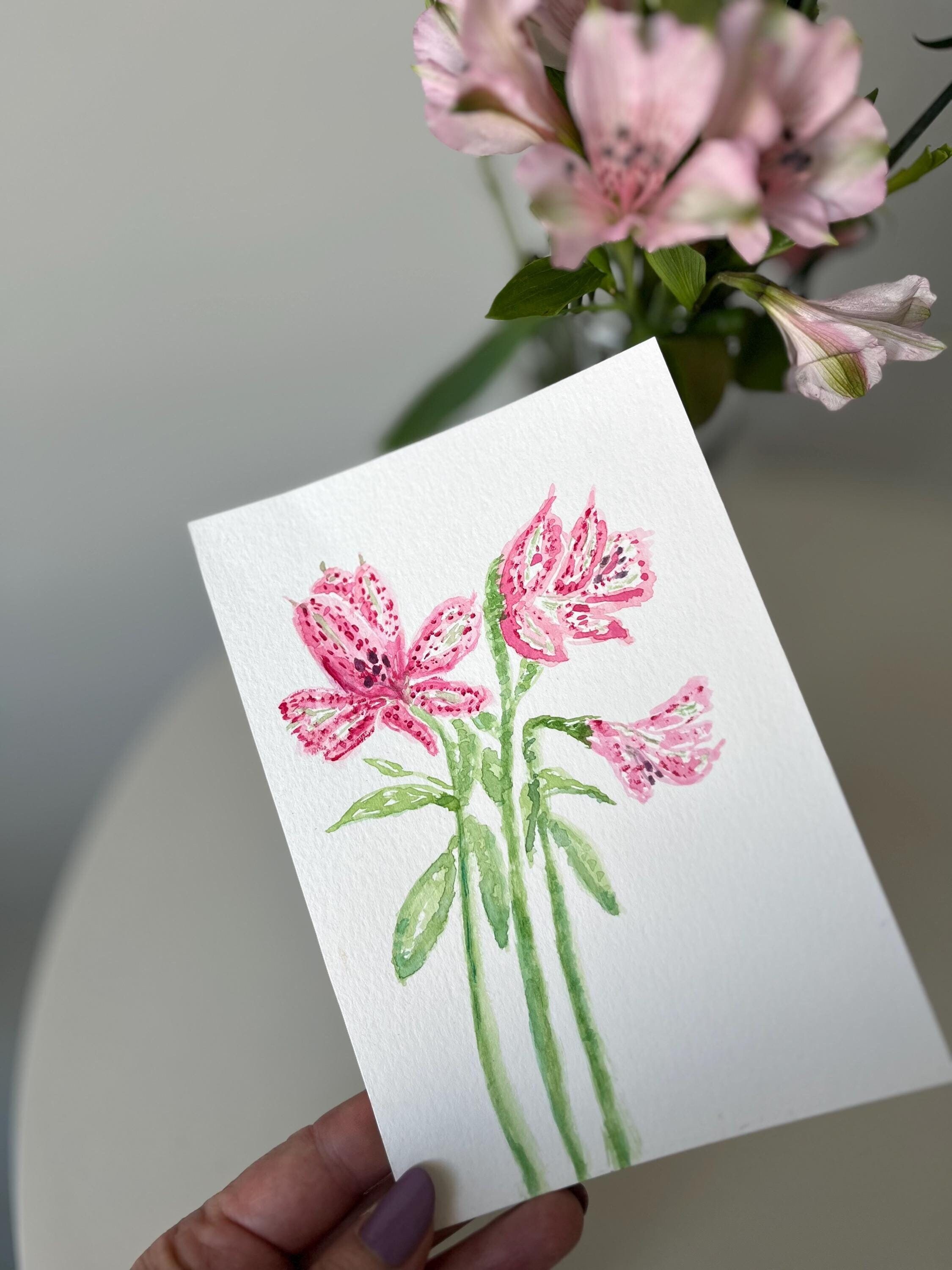 Hand Painted Original Watercolor Card,botanical Painting of Pink ...