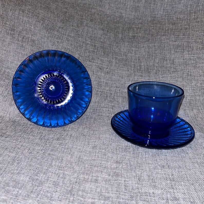 Vintage Cobalt Blue Depression Era Glass; Handle-less Teacups, Custard ...