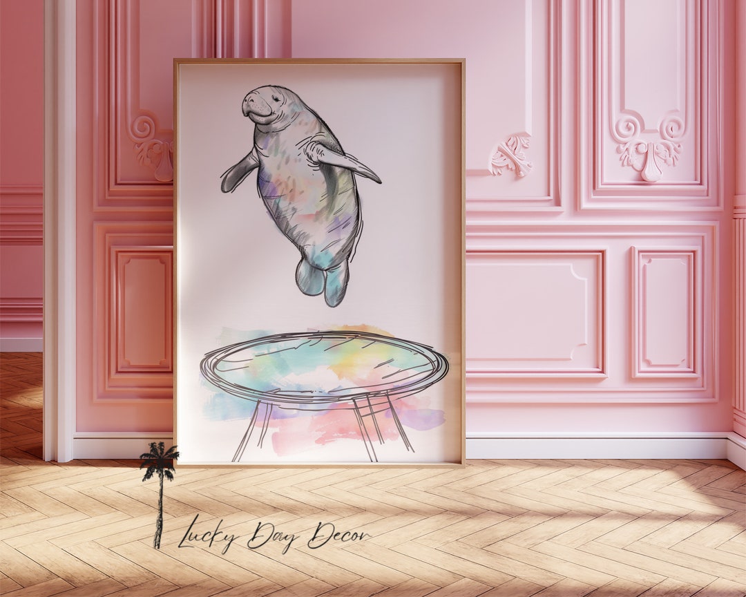 Floating on Air Whimsical Manatee Poster Playful Sea Cow Levitating ...