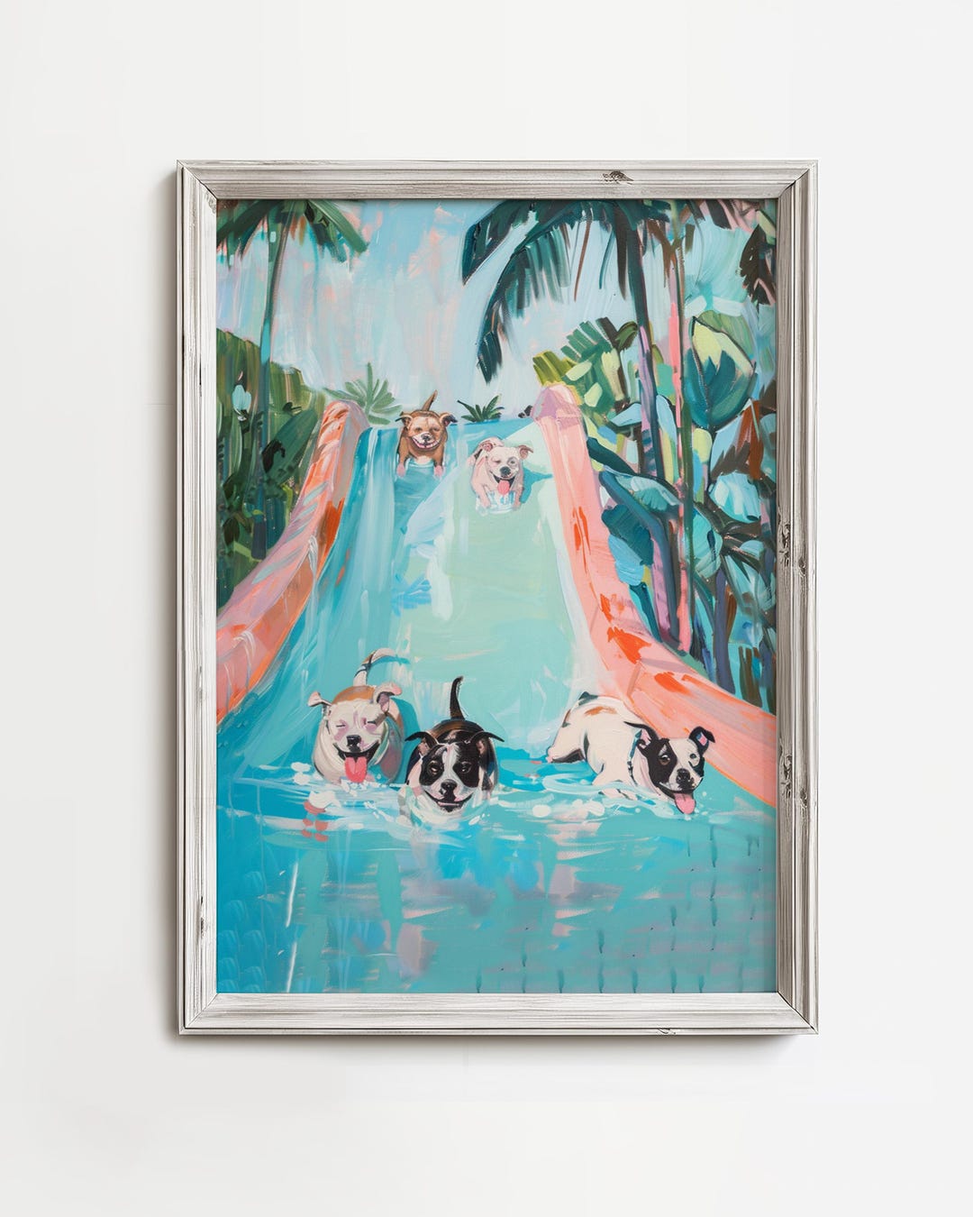 Dogs Pool Slide Paradise | Retro Pastel Dog Art | Whimsical Funny Happy ...