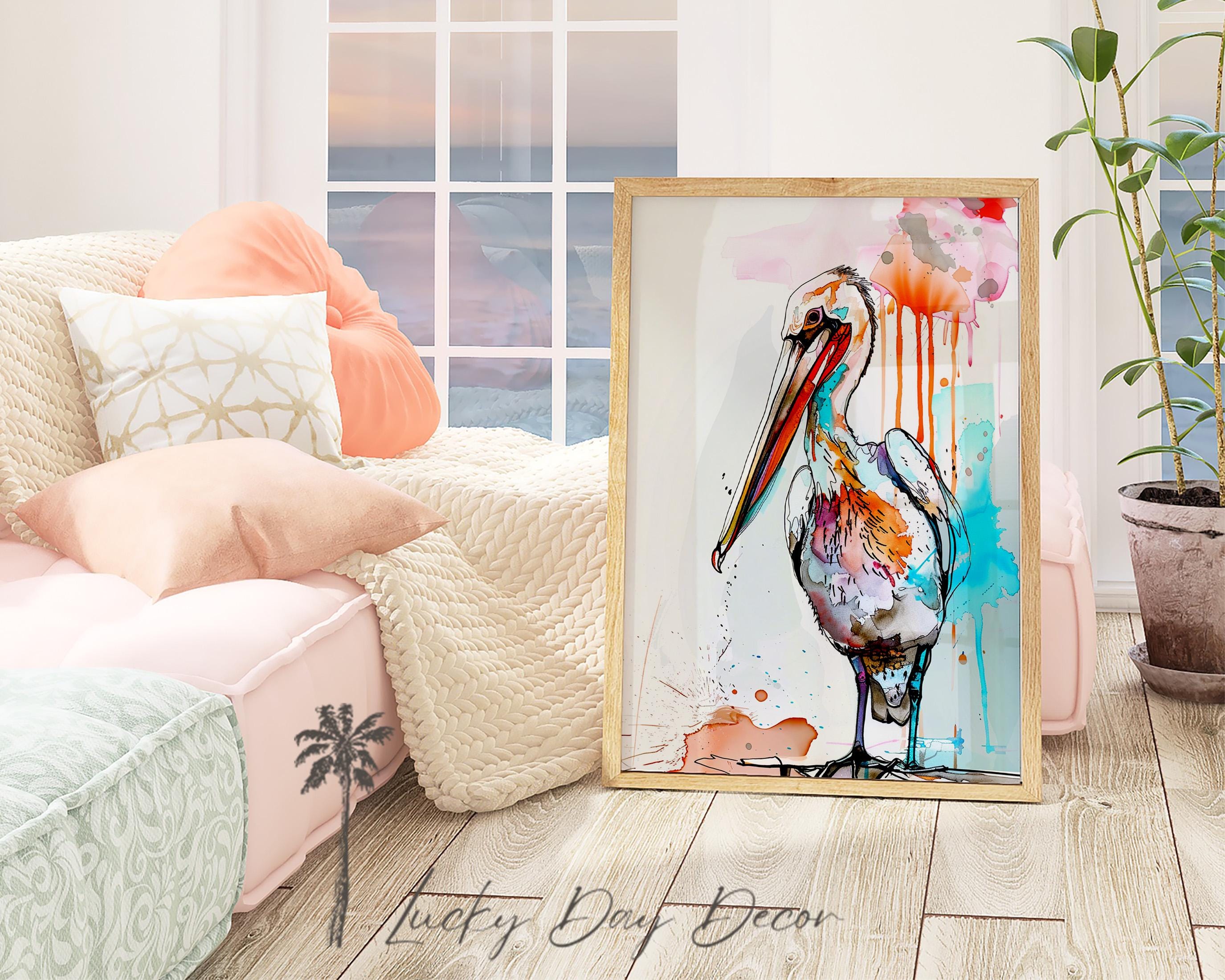 Retro Pelican Print | Coastal Watercolor Print | Colorful Pelican Wall ...