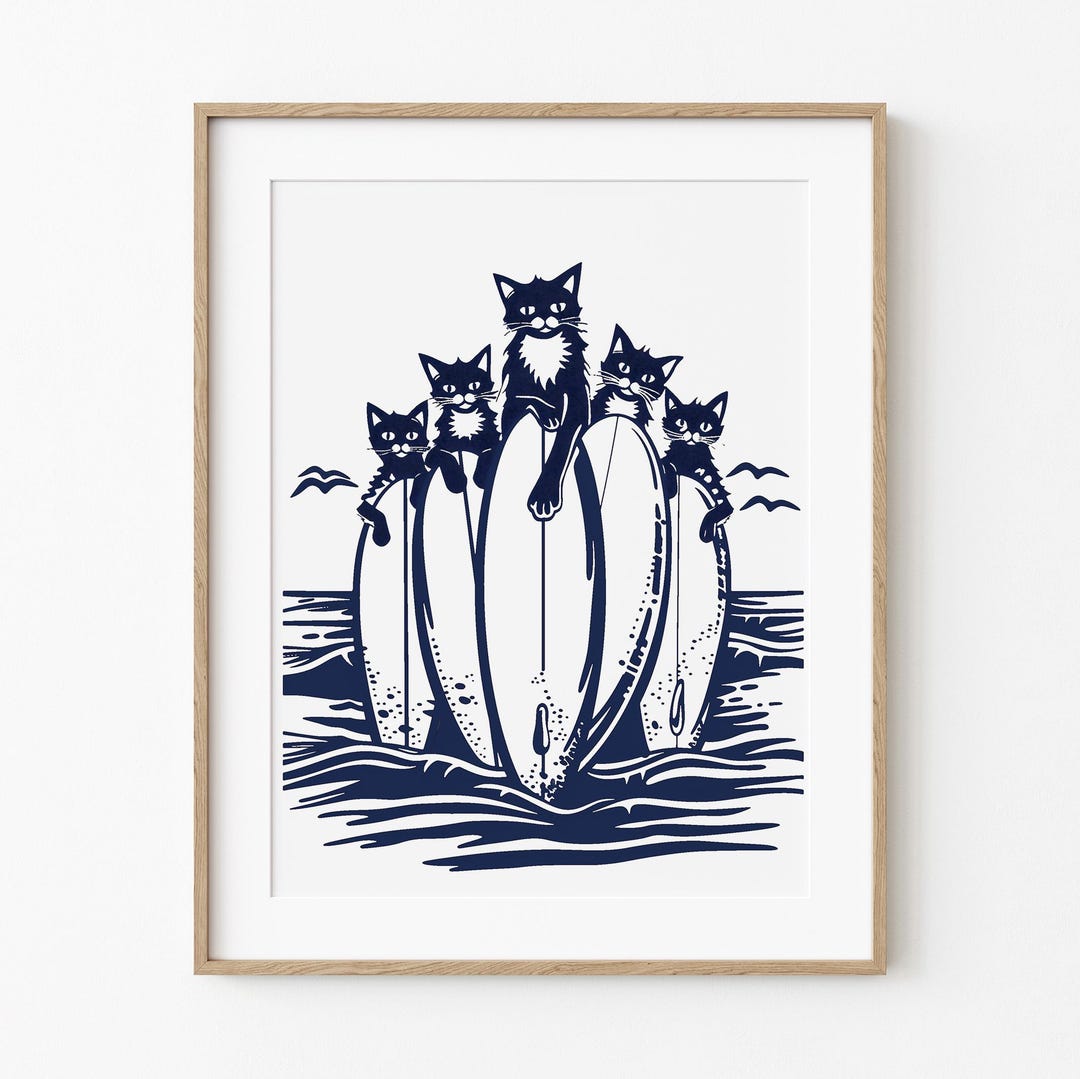 Cats on Boards | Fun Beach Cat Art | Whimsical Fun Coastal Cats ...