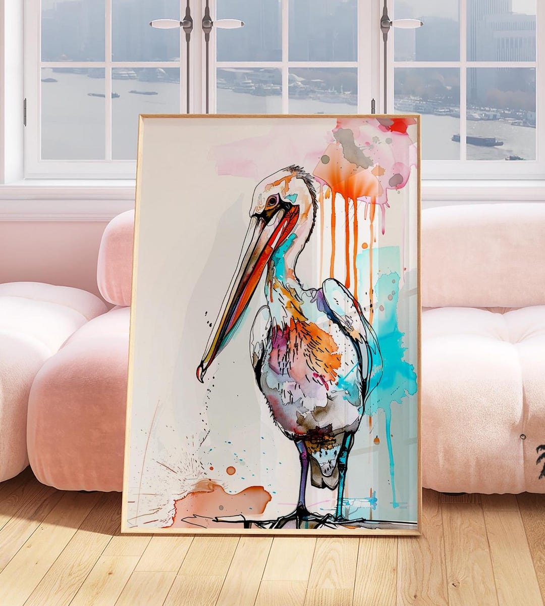 Retro Pelican Print | Coastal Watercolor Print | Colorful Pelican Wall ...