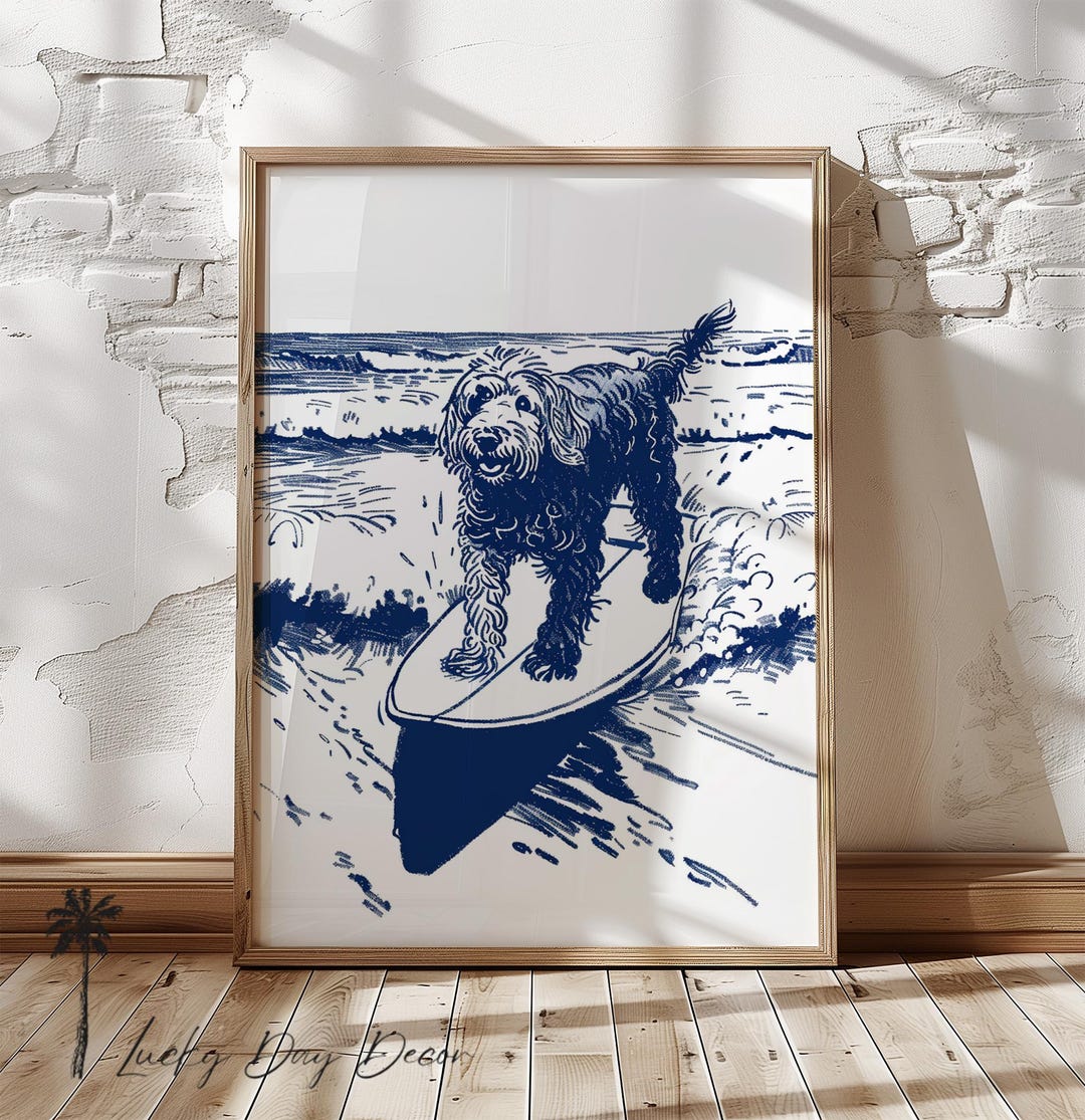 Happy Beach Doodle Surfing Waves - Vintage Coastal Home Print - Doodle ...