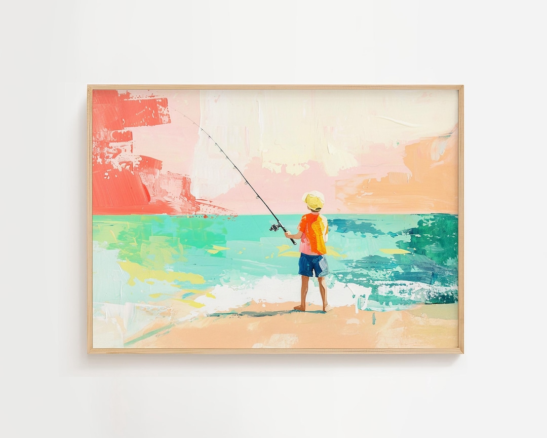 Boy Gulf Fishing | Tropical Turquoise Fish Art | Island Coast Pastel ...