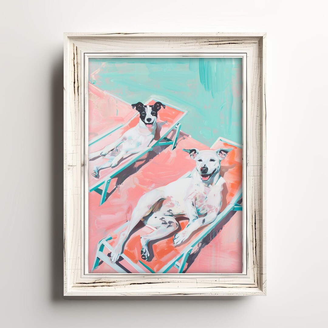 Poolside Mutt Dogs | Lazy Dogs in Loungers | Retro Summer Canine Print | Whimsical Pink Pastel ...