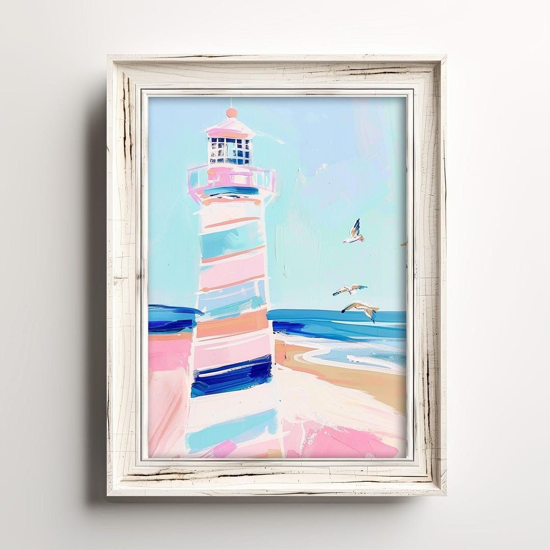 Coastal Pastel Lighthouse | Pink Pastel Nautical Art | Colorful ...