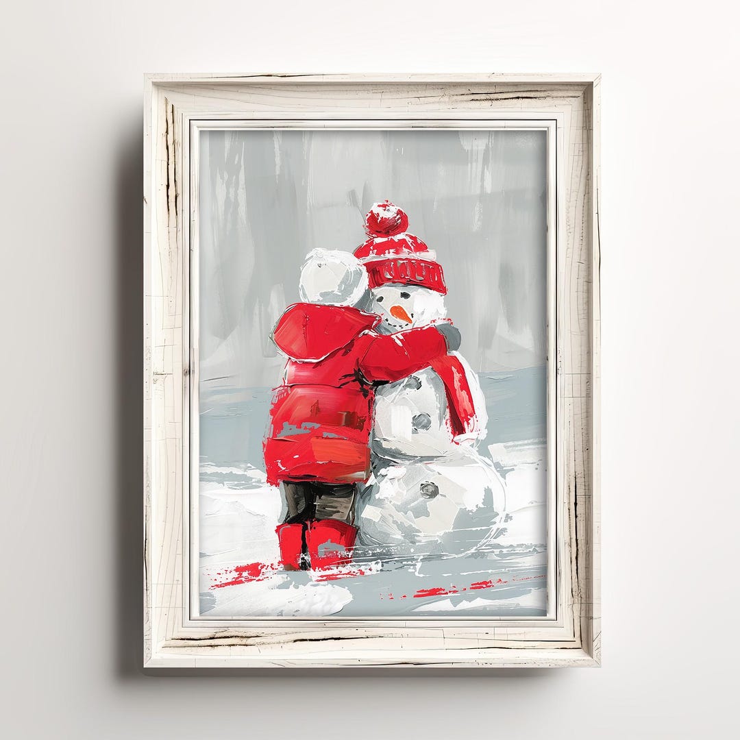 Cute Boy Hugs His Snowman | Adorable Nursery Art | Winter Fine Art ...