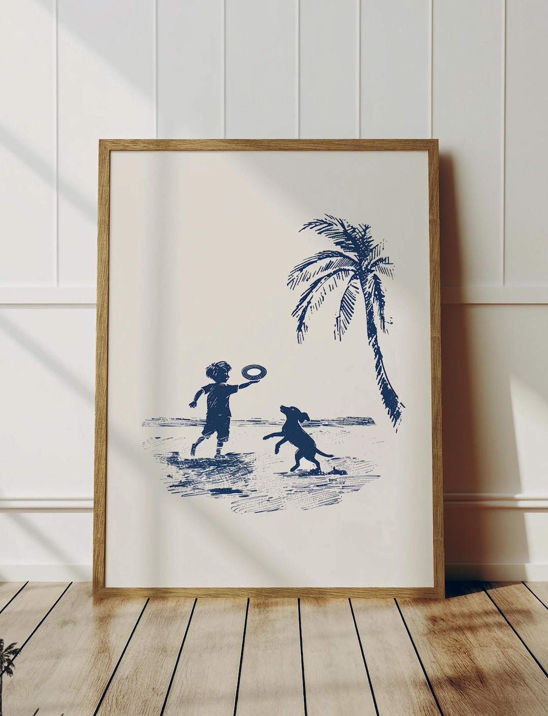 Boy & Puppy Play Frisbee | Cute Vintage Coastal Home Print | Nursery ...