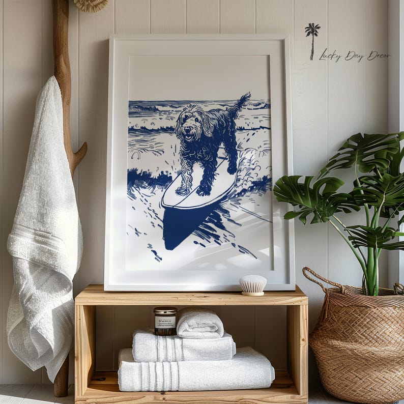 Happy Beach Doodle Surfing Waves - Vintage Coastal Home Print - Doodle ...