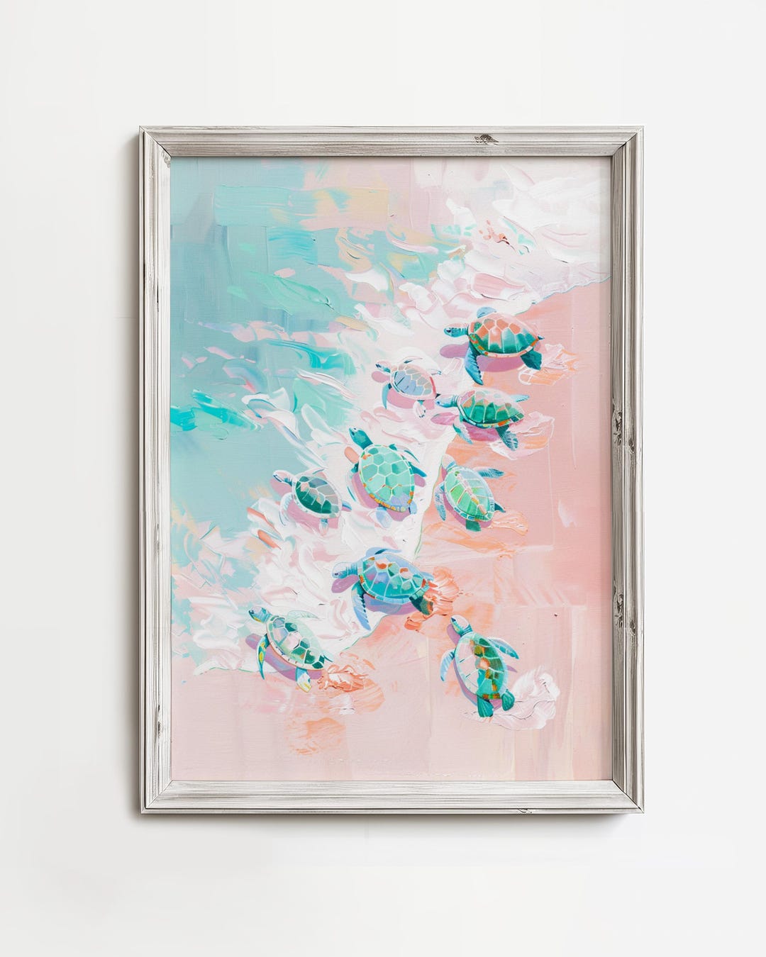 Sea Turtles at Waters Edge - Colorful Pastel Painting - Pink Blue ...