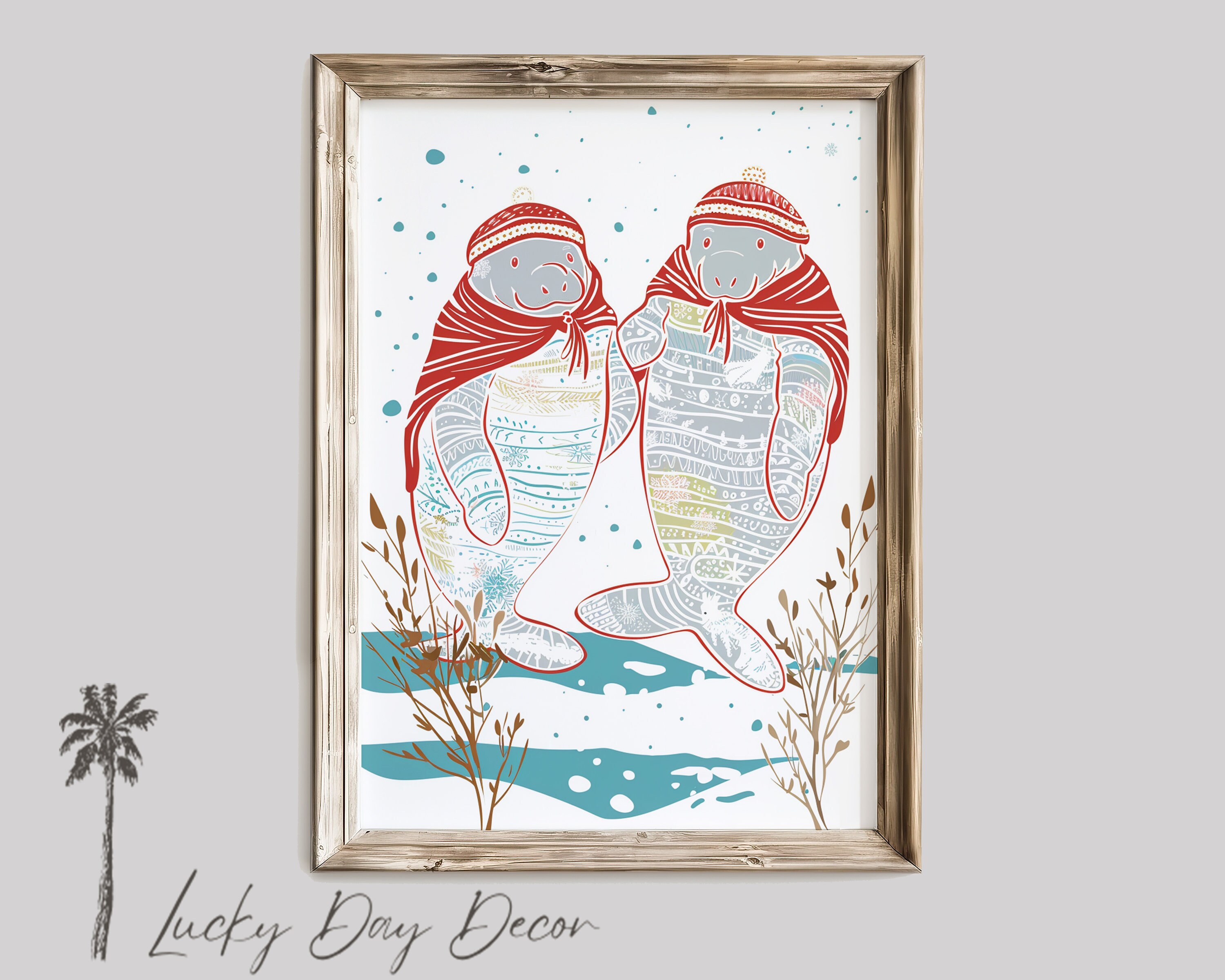 Sea Cows Chillin Whimsical Manatee Poster Sea Cows in Winter Hats ...