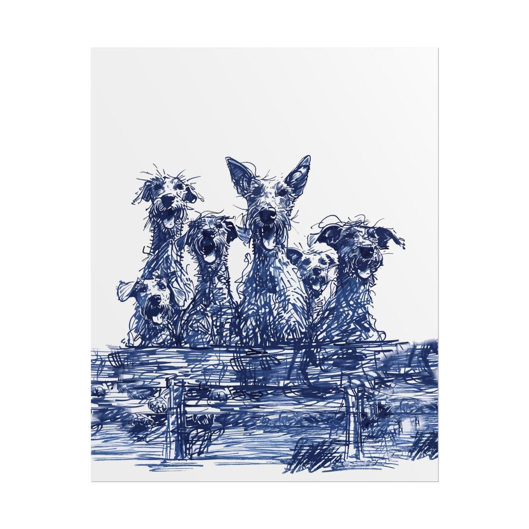 Smiling Bench Dogs Drawing | Delightful Whimsical Wall Art | Happy ...