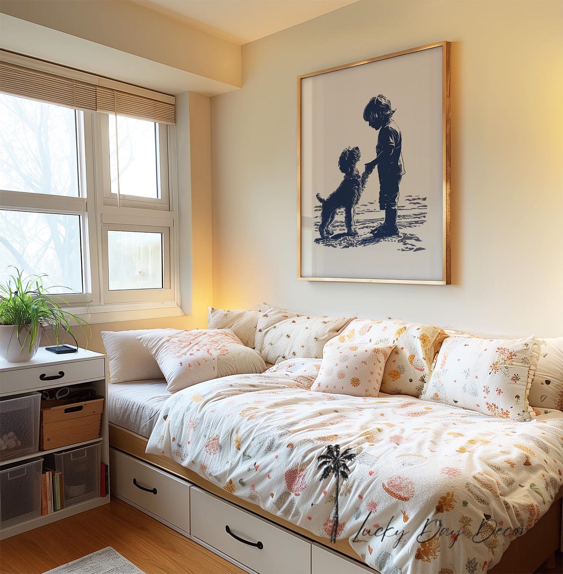 Beach Golden Doodle Shaking Hands With Boy | Vintage Coastal Home Print ...