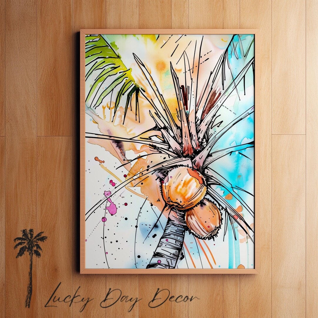 Retro Watercolor Coconut Palm Coastal Watercolor Prints Vintage Beach ...