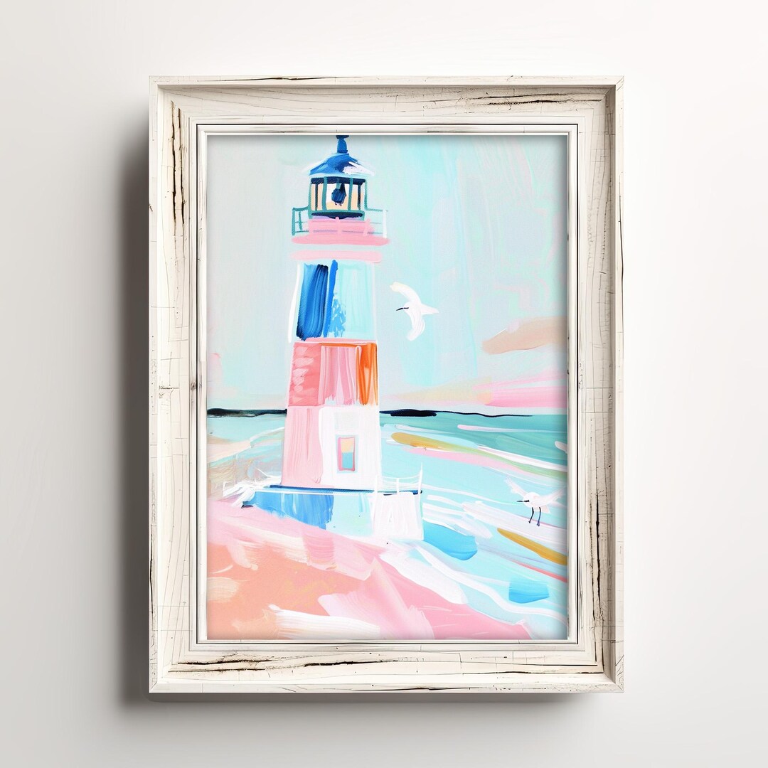 Pink Coastal Pastel Lighthouse | Coastal Home Nautical Art | Colorful ...