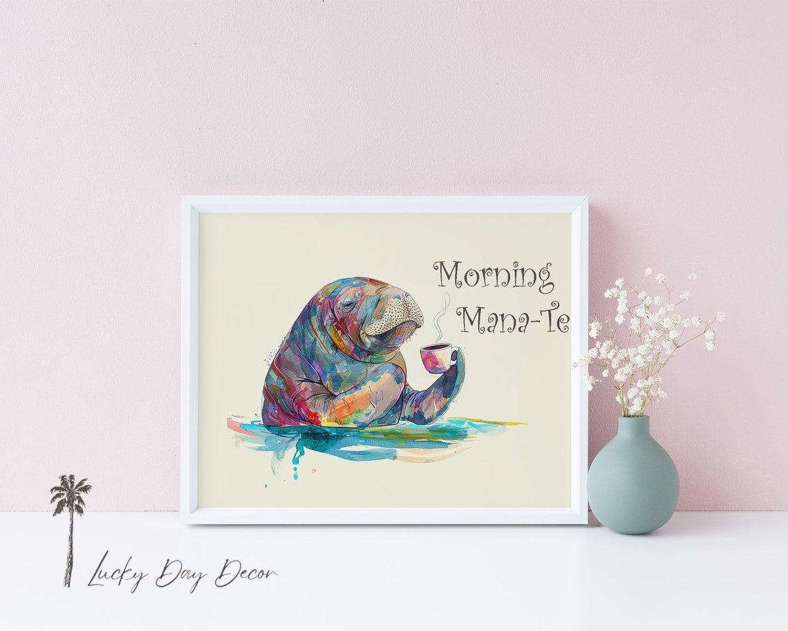 Morning Manatea Humorous Sea Cow manatee Kitchen Print Sea Life Lovers ...