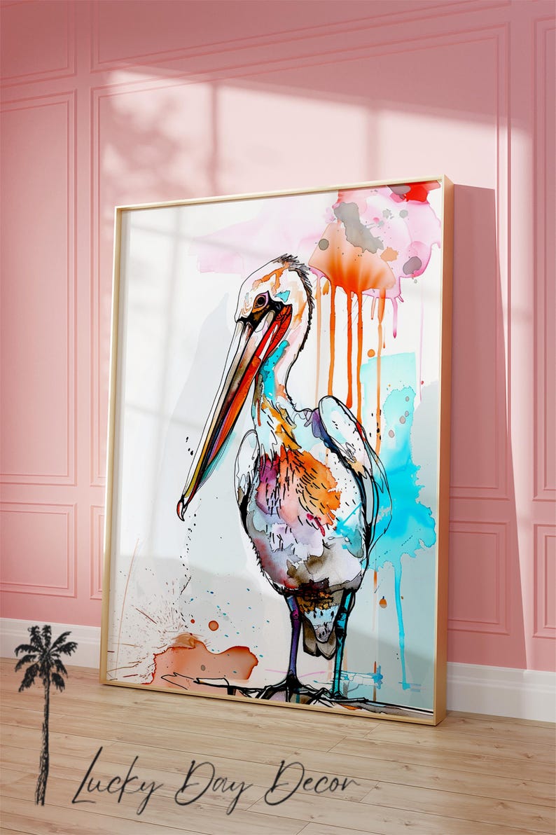 Retro Pelican Print | Coastal Watercolor Print | Colorful Pelican Wall ...