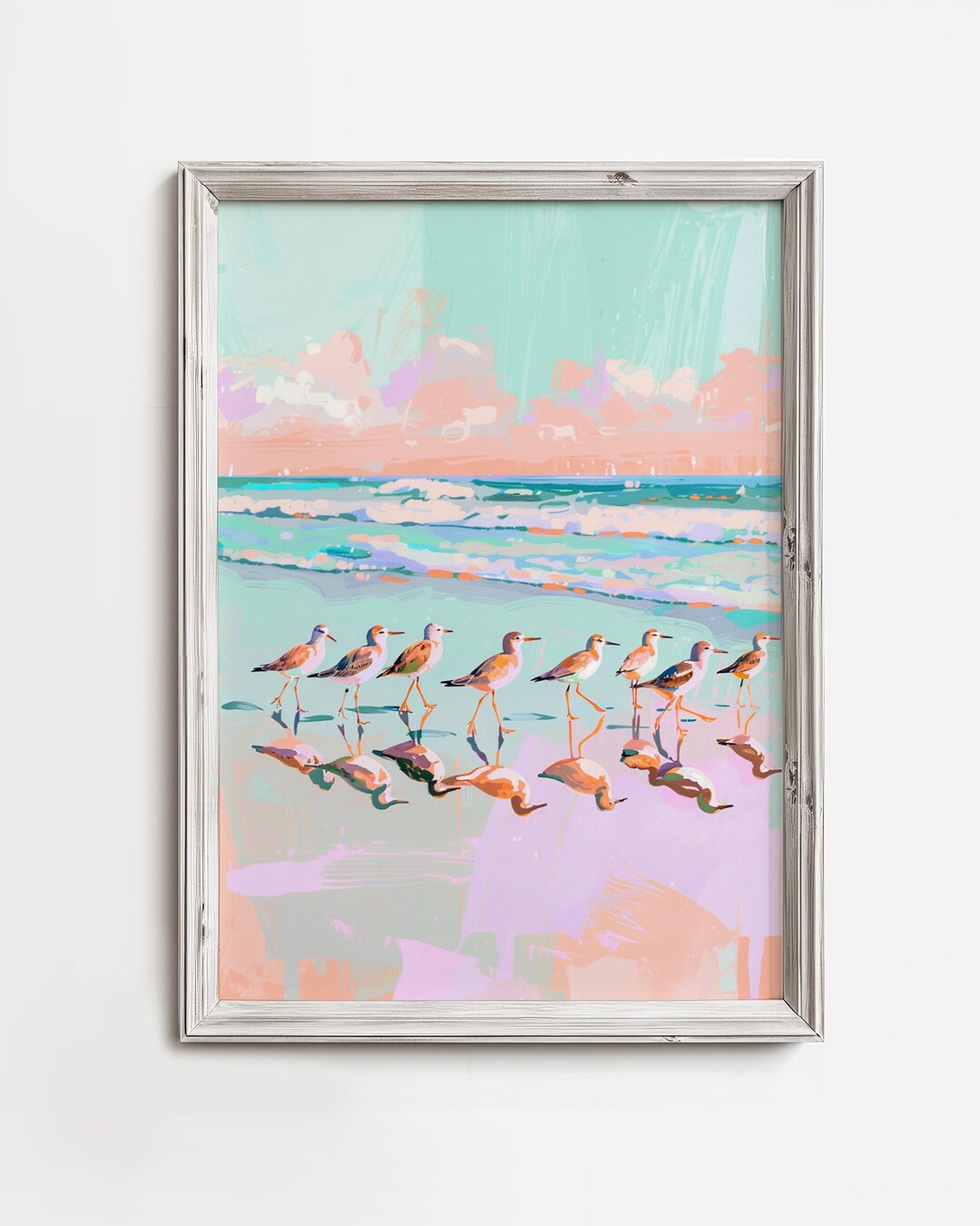 Sand Pipers in Line - Colorful Pastel Bird Painting - Pink Blue Coastal ...