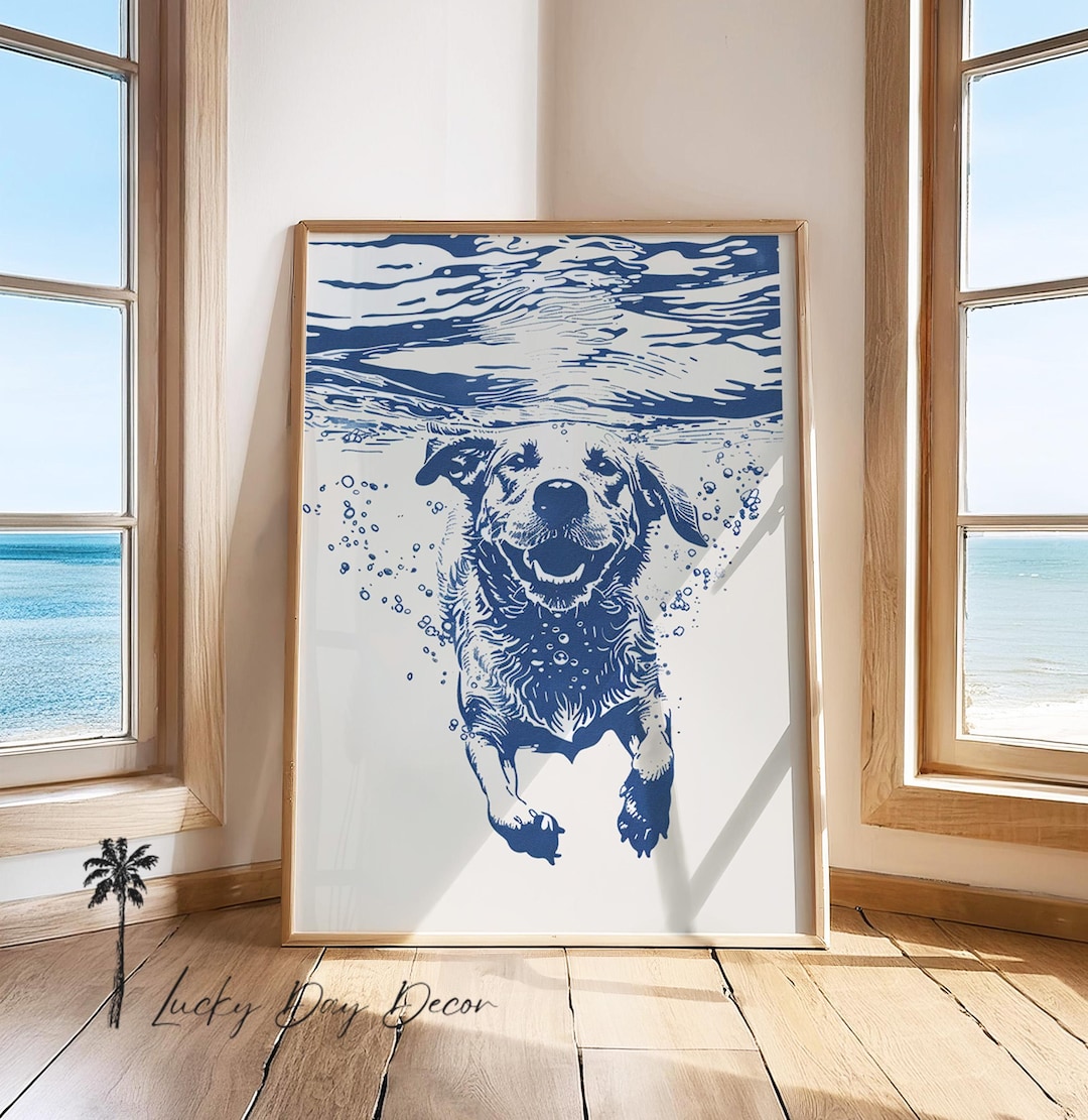Labrador Underwater | Coastal Dog Sketch Art | Fun Wall Art for Dog ...