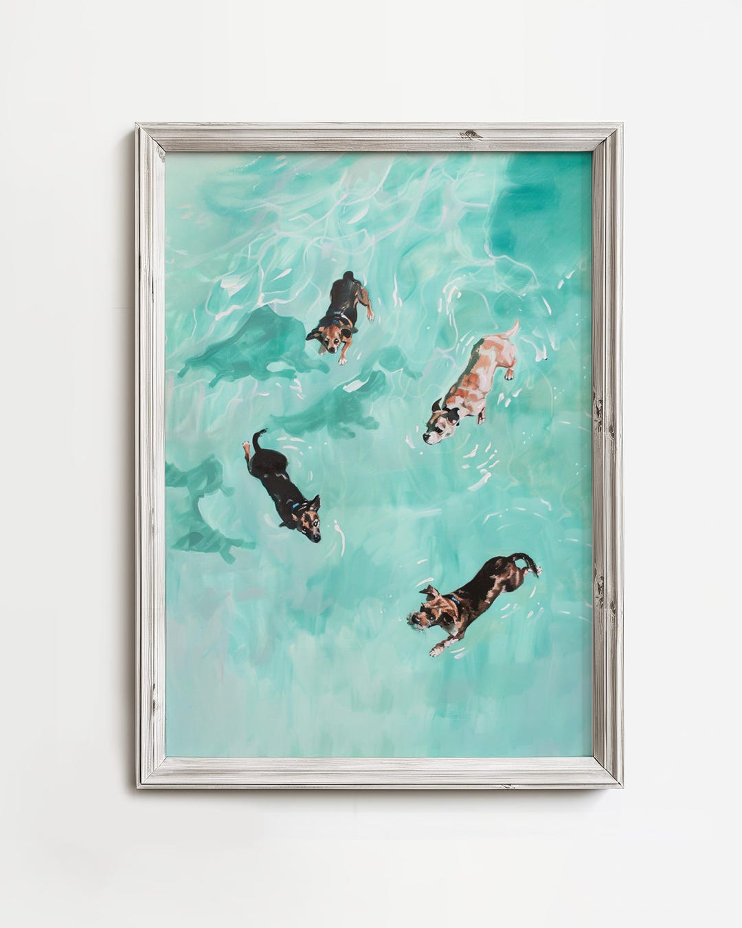 Dog Pool Day Art | Retro Pastel Swimming Dogs | Whimsical Colorful Pink ...