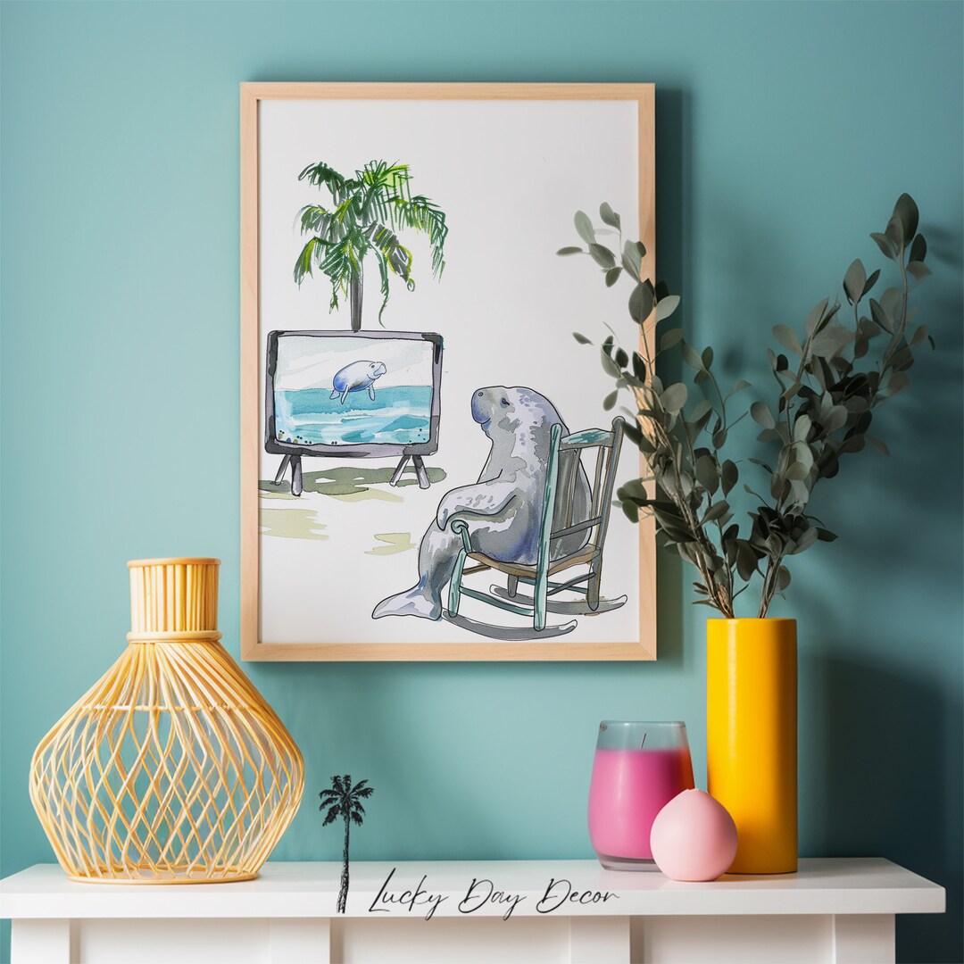 Sea Cow Explorer Whimsical Manatee Poster Sea Cow Watching TV Hilarious ...