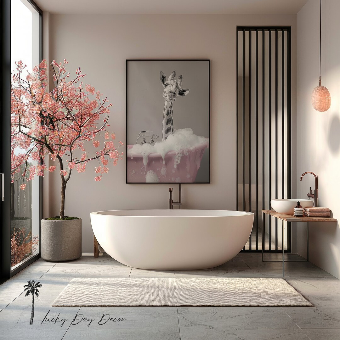 Giraffe in Pink Bubble Bath Whimsical Giraffe Spa Day Life Funny ...