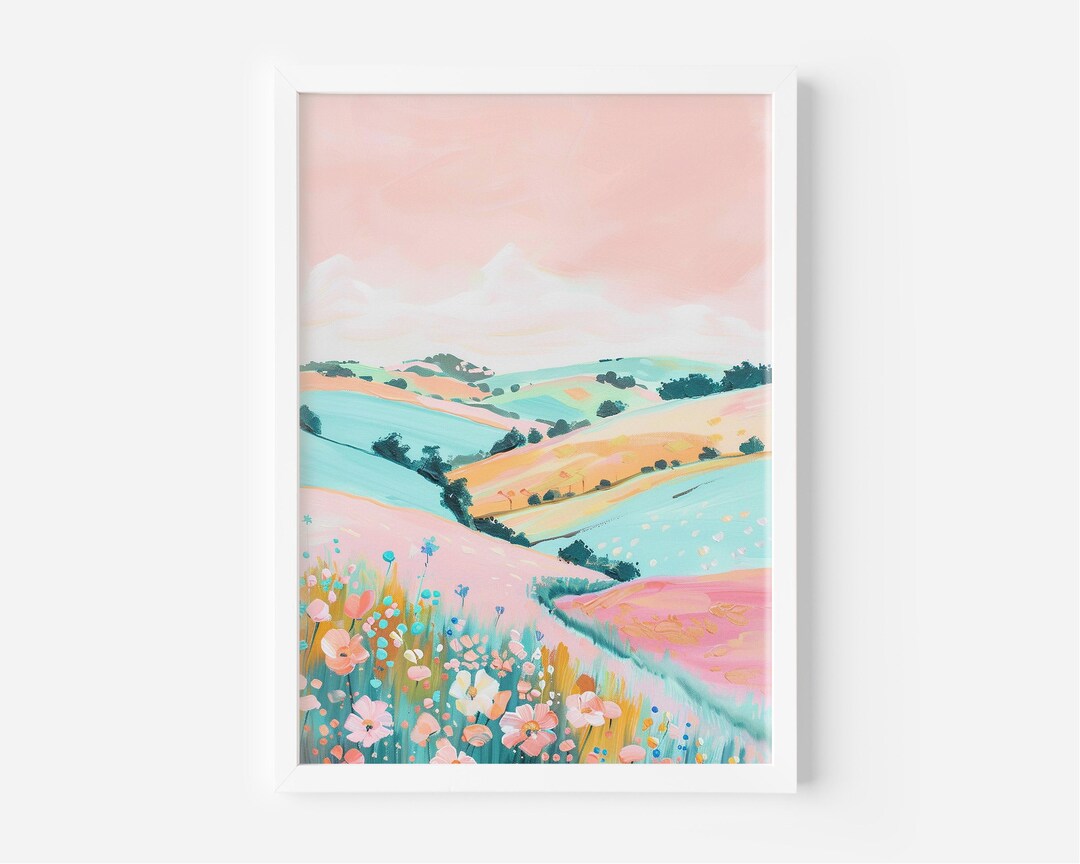 Flowering Pastel Meadow Art | Colorful Landscape Field Painting | Pink ...